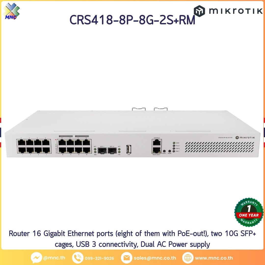 CRS418-8P-8G-2S+RM, 16 Gigabit Ethernet ports (eight of them with PoE ...